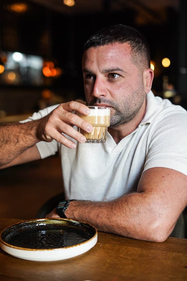 Middle Aged Man Sitting in a Bar Having Breakfast Stock Image - Image ...