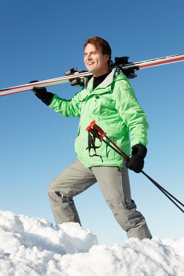 Middle Aged Man on Ski Holiday in Mountains Stock Image - Image of ...