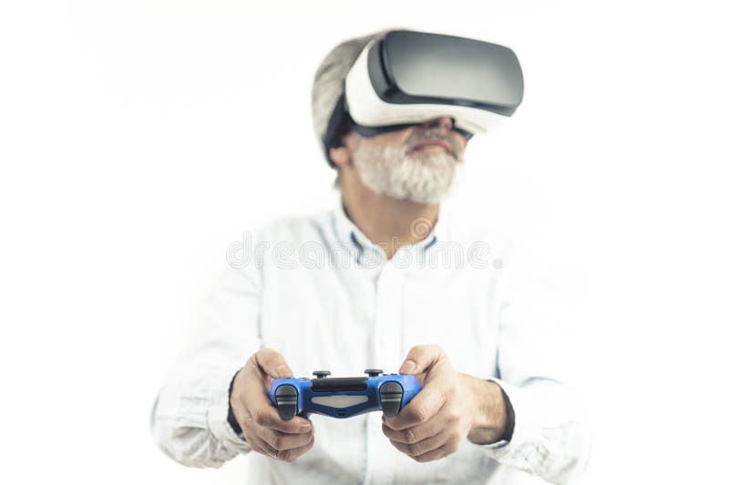 Middle-aged Man Wearing Virtual Reality Set Playing Video Games Using ...