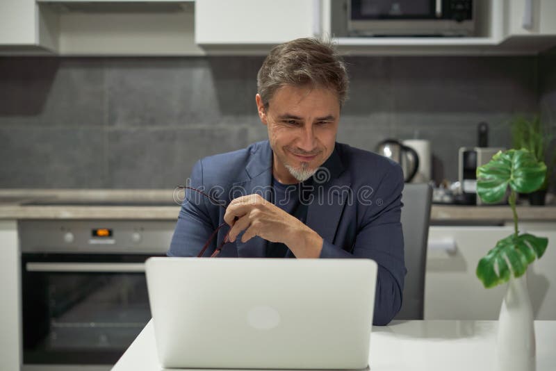 Middle Aged Man Working with Computer at Home Stock Image - Image of ...