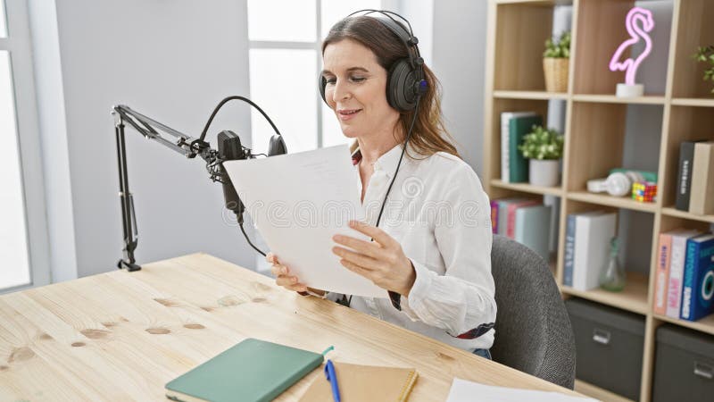 Middle-aged Woman with Headphones in Podcast Studio Reading a Script ...