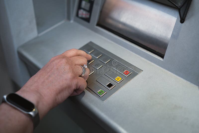Woman Hand Inserting PIN Code on ATM Machine. Stock Photo - Image of ...