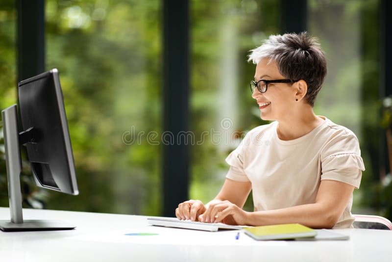 Middle Aged Woman Working from Home Office on Computer Pc Stock Photo ...