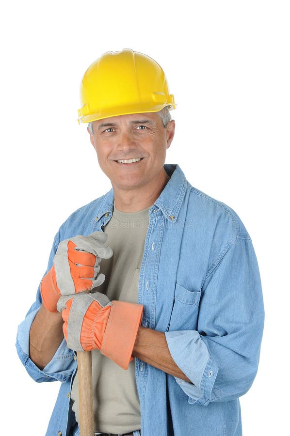 Middle Aged Worker Holding Onto Shovel Handle Stock Image - Image of ...