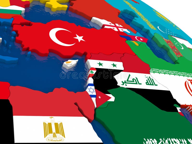 Middle East on 3D Map with Flags Stock Illustration - Illustration of ...
