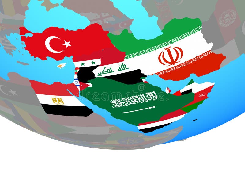 Middle East with Flags on Globe Stock Illustration - Illustration of ...