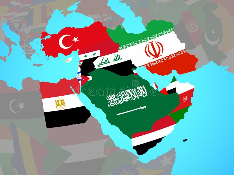Middle East with Flags on Map Stock Illustration - Illustration of ...