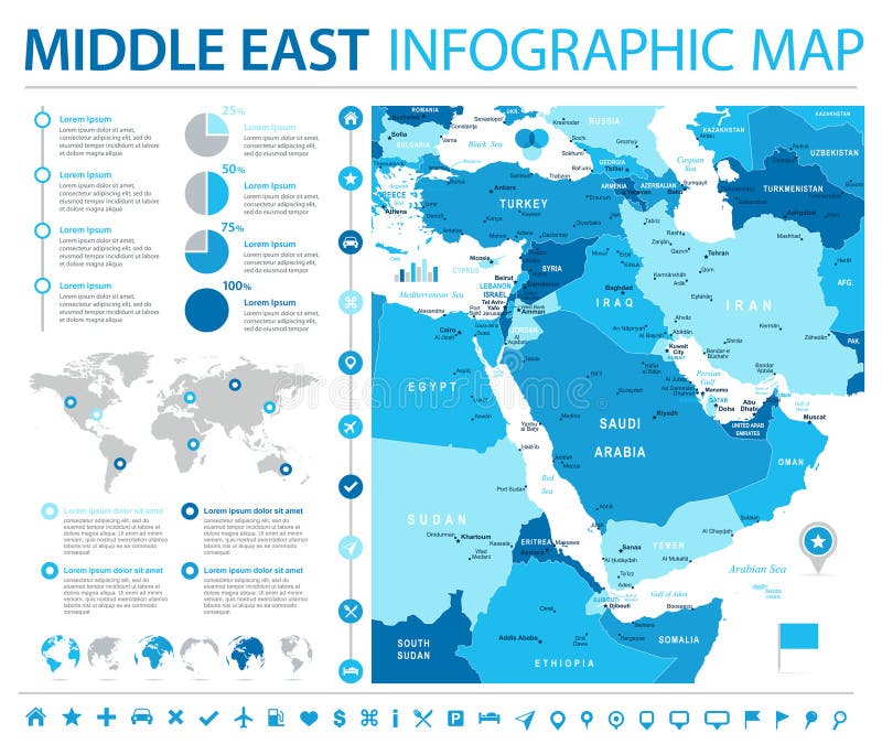 Middle East and Asia - Map and Navigation Labels - Illustration. Stock ...