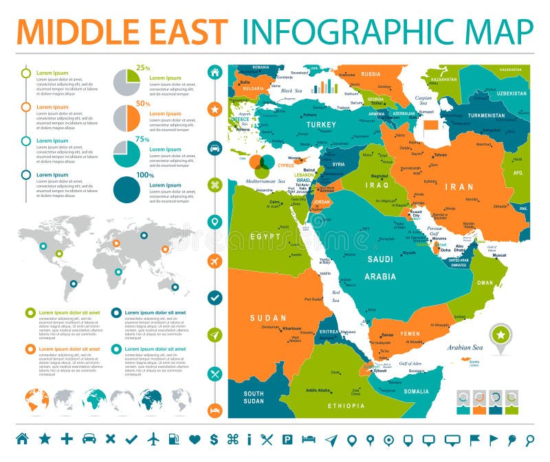 Middle East Map with Borders and Flags Stock Vector - Illustration of ...