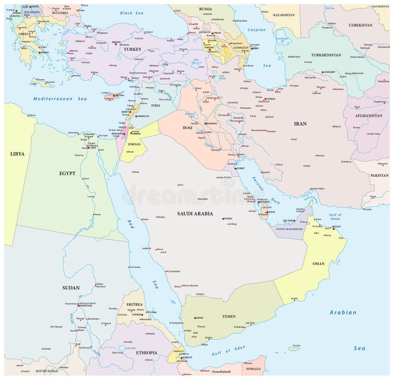 North Africa and Middle East Political Map Stock Vector - Illustration ...