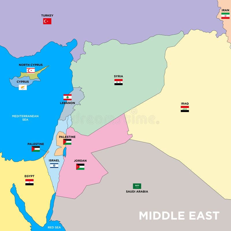 Middle East Map with Borders and Flags Stock Illustration ...