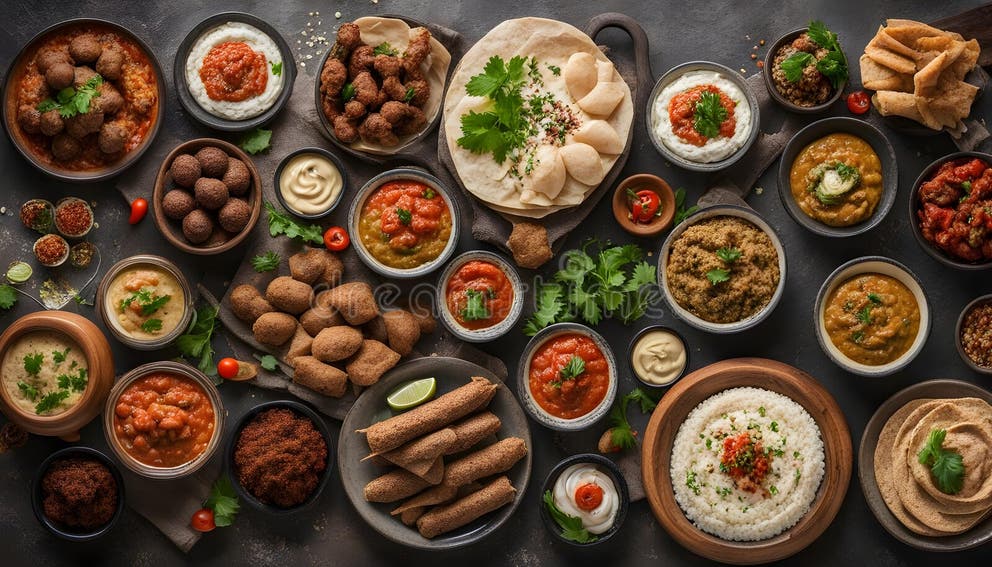 Middle Eastern or Arabic Dishes and Assorted Meze, Concrete Rustic ...