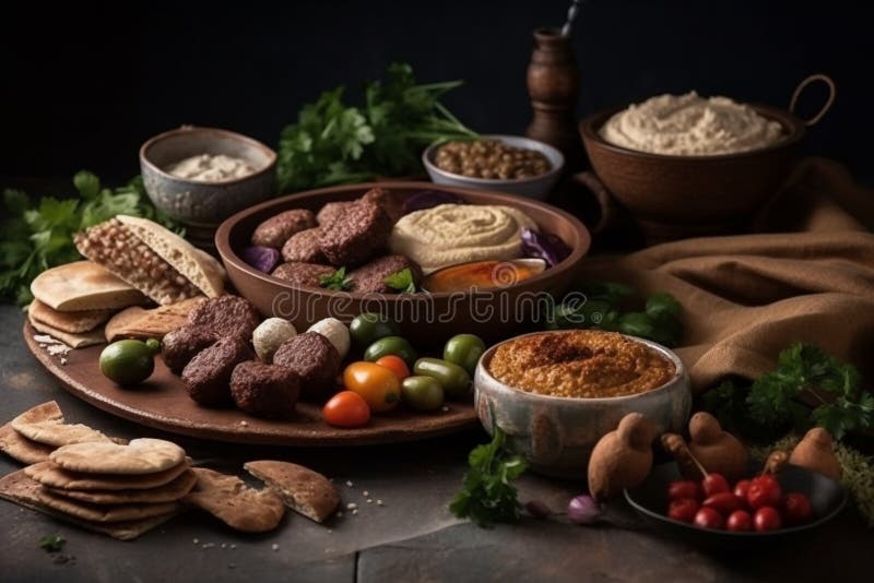 Middle Eastern or Arabic Dishes and Assorted Meze Stock Illustration ...