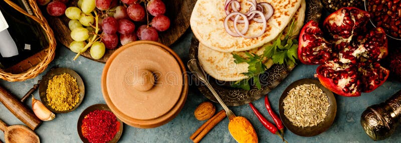 Middle Eastern or Arabic Tradition Ingredients, Flat Lay Stock Photo ...