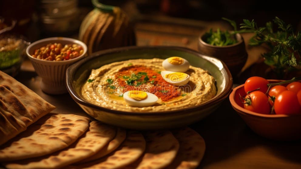 Middle Eastern Breakfast with Flatbreads and Hummus Stock Illustration ...