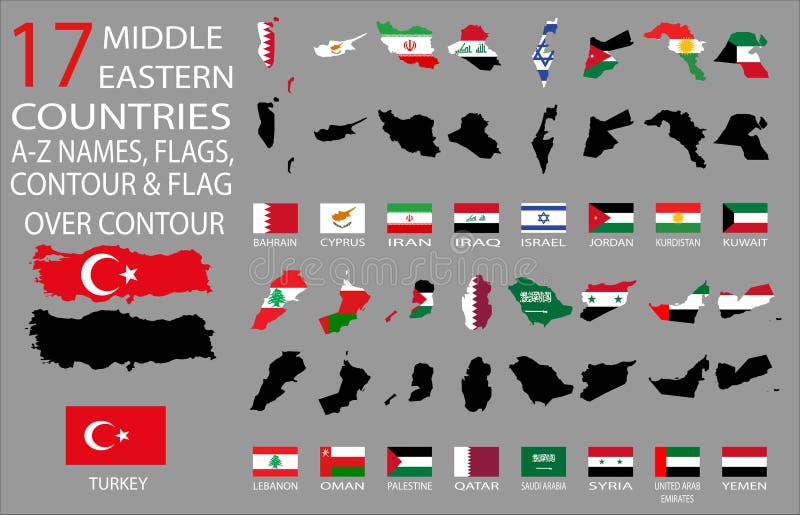 17 Middle Eastern Countries - a-Z Names, Flags, Contour and Map Over ...