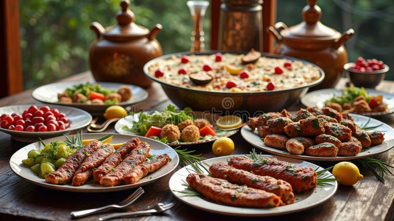 Middle Eastern Feast with Kebabs, Rice, and Fresh Vegetables on a ...