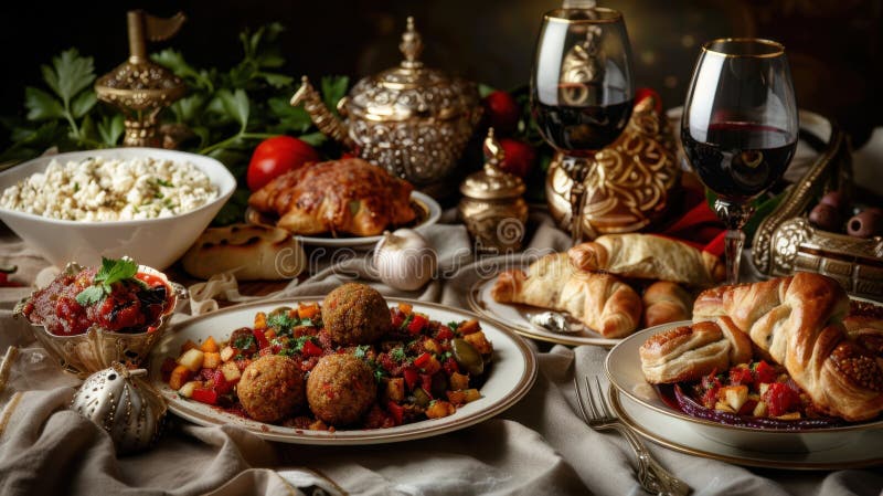 Middle Eastern Feast with Traditional Dishes and Decorative Elements ...
