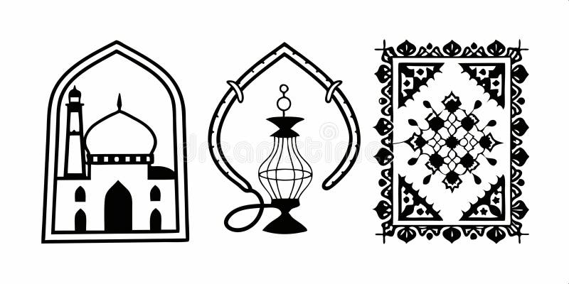 Middle Eastern Icons: Mosque, Lantern, and Geometric Patterns Stock ...