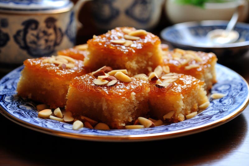 Middle Eastern Indulgence. Delicious Basbousa with Honey Drizzle. AI ...