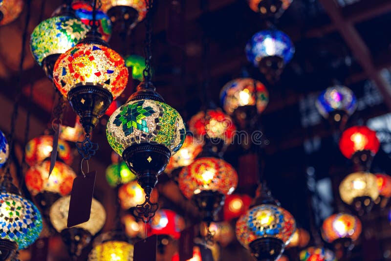 Middle Eastern Lamps of Different Colors Hanging in Bazaar Stock Image ...