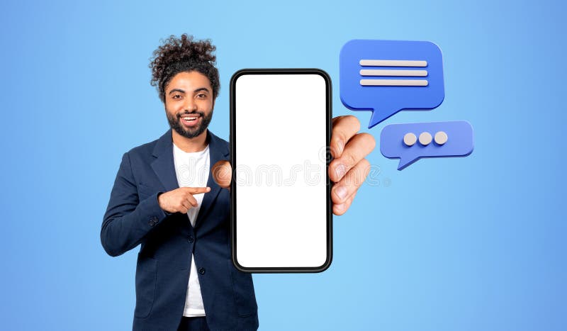 Middle Eastern Man with Smartphone Mockup Display, Text Message Bubbles ...