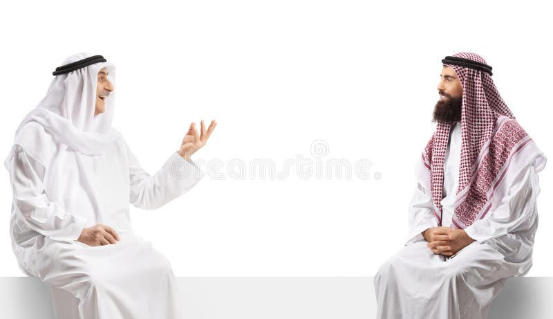 Middle Eastern Men Seated on a White Panel Having a Conversation Stock ...