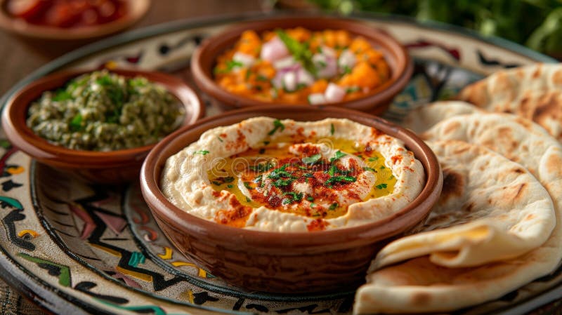 Middle Eastern Mezze Platter with Hummus, Baba Ganoush, and Pita Bread ...