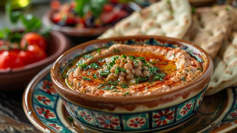Middle Eastern Mezze Platter with Hummus, Baba Ganoush, and Pita Bread ...