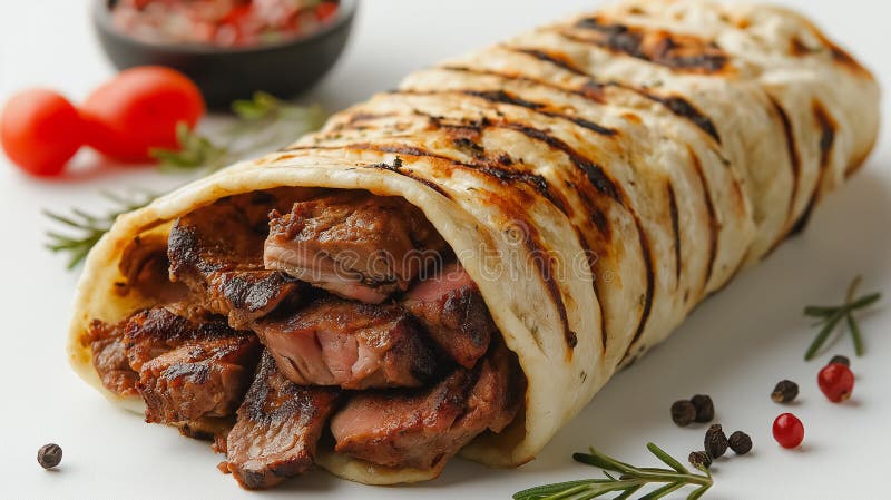 Middle Eastern Shawarma, Sliced Meat with Flatbread, Isolated on White ...