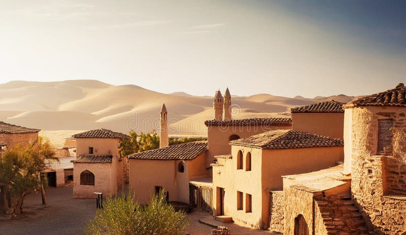 Middle Eastern Village in the Desert Stock Illustration - Illustration ...