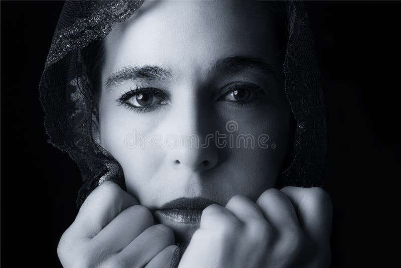 Middle Eastern Woman Portrait Looking Sad with Blue Hijab Artist Stock ...