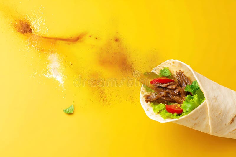 Shawarma Wrap on Yellow with Spices Stock Image - Image of delicious ...