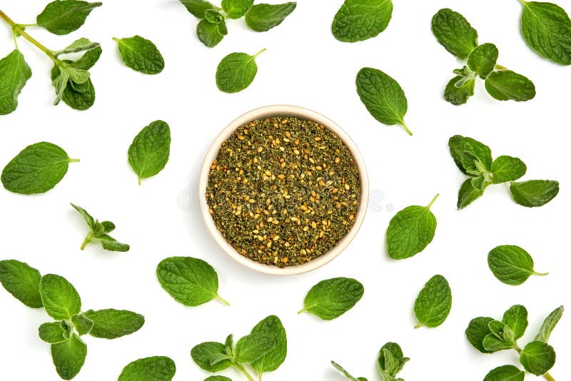 Middle Eastern Zaatar Spices With Fresh Zaatar Leaves And Olive Oil ...