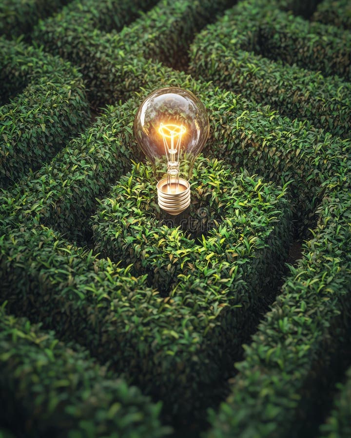 In the Middle of a Large Green Maze, a Radiant Lightbulb Signifies ...