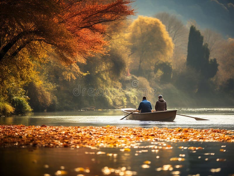 In the Middle of the River Two Elderly People Take a Pleasant Boat Ride ...