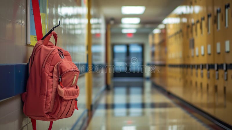 A Middle School Student& X27;s Backpack Hanging on a Hook in a Hallway Stock Image - Image of ...