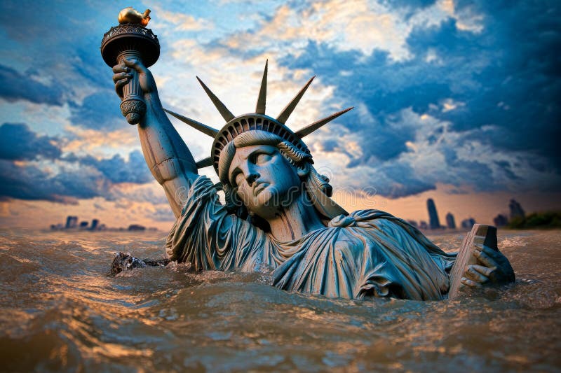 In the Middle of the Sea, the Statue of Liberty is Half-wrecked Stock ...