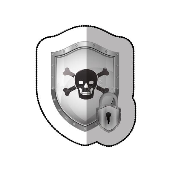 Middle Shadow Sticker of Pirate Shield with Skull and Bones and Padlock ...