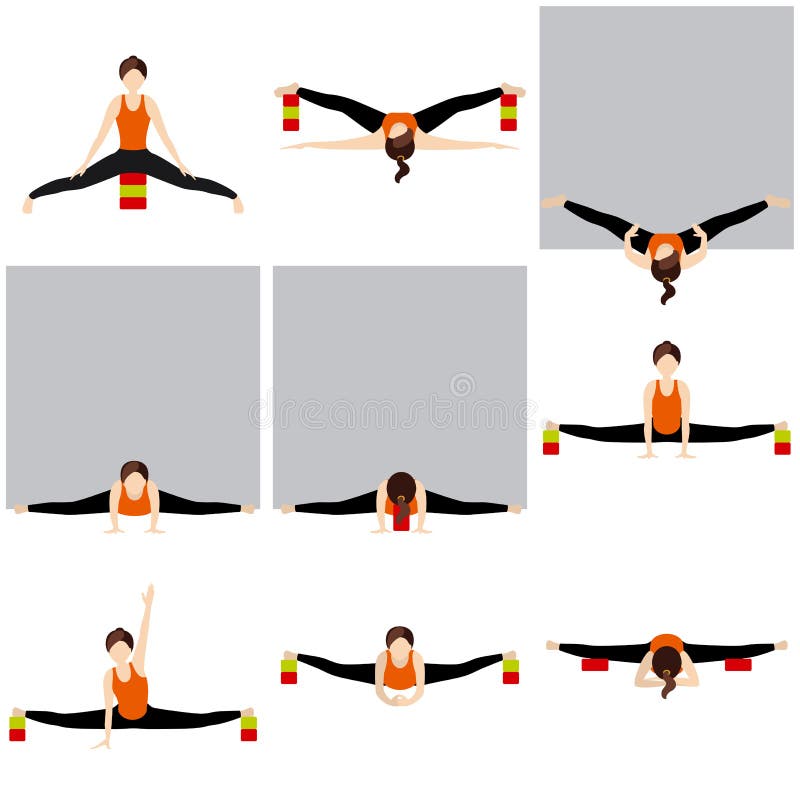 Middle Splits Yoga Asanas Set with Blocks and a Wall Stock Vector ...