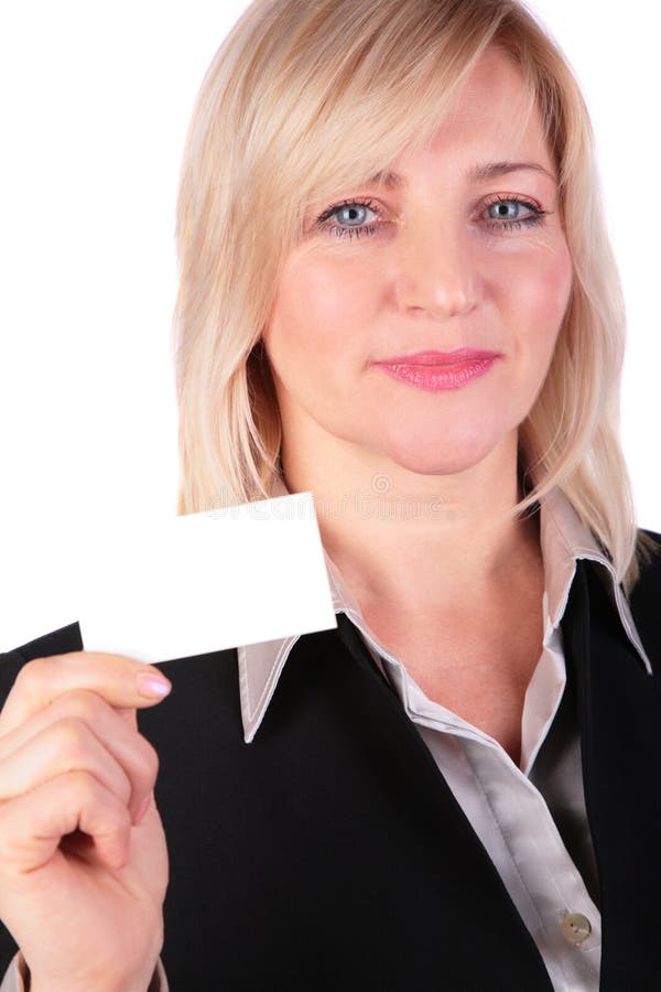Middleaged Businesswoman Shows White Card Stock Image - Image of ...