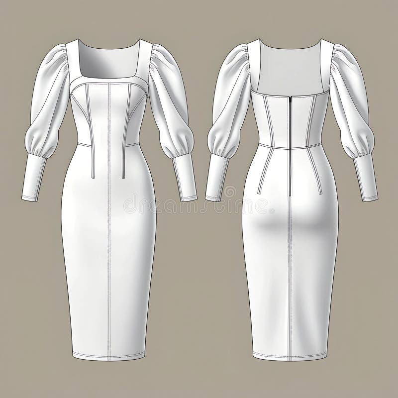 Midi Dress V-neck Technical Illustration. Front and Back View, Isolated ...