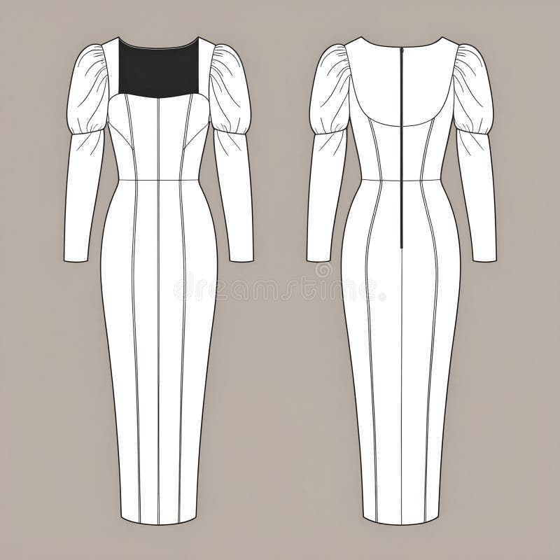 Midi Dress V-neck Technical Illustration. Front and Back View, Isolated ...