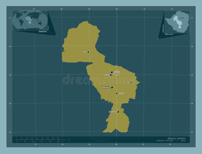 Midlands, Zimbabwe. Solid. Labelled Points of Cities Stock Illustration ...