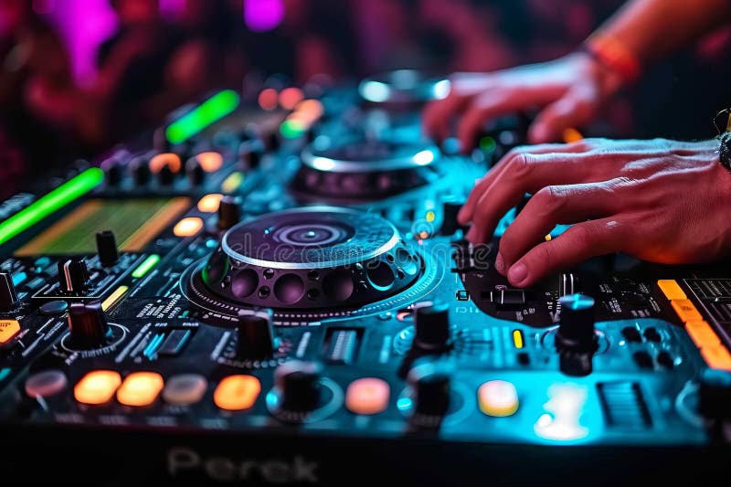 Midnight Beats, a DJs Hands Mastering the Turntable at an Electric ...