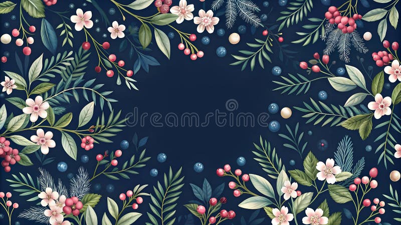 Midnight Bloom a Dark Blue Pattern with Delicate White Flowers and Pink ...