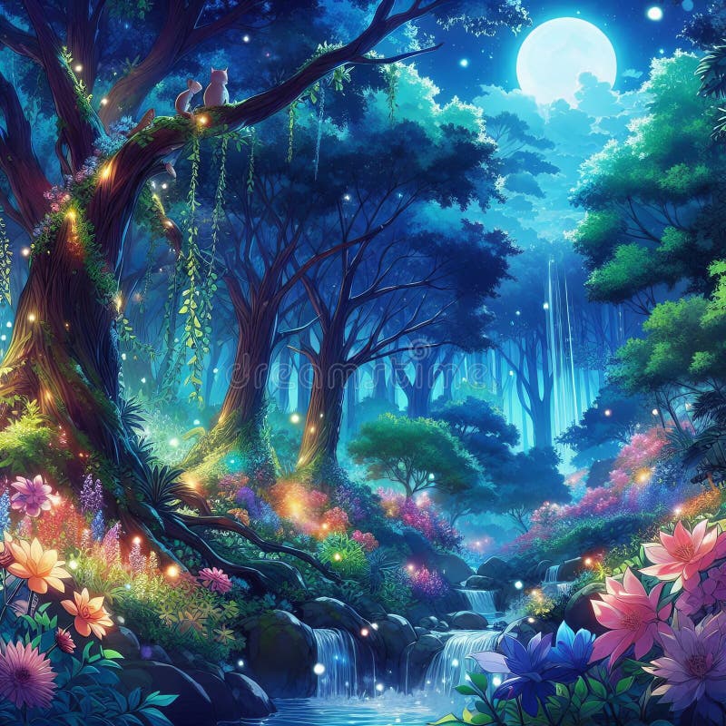 Midnight Blooming Forest stock illustration. Illustration of luminous ...