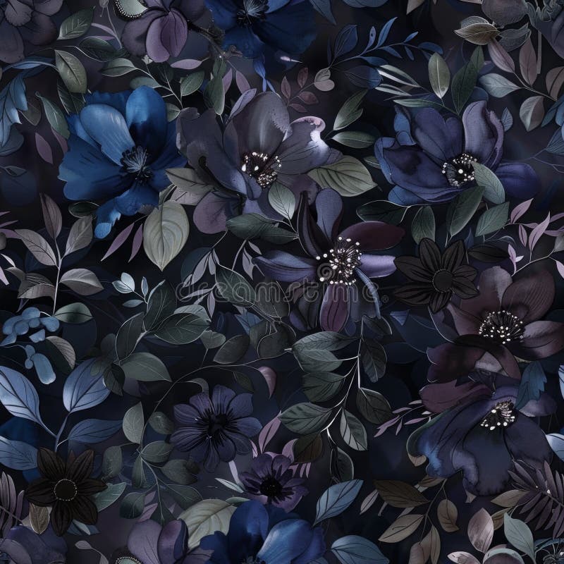 Midnight Blooms: Dark Floral Seamless Pattern for Elegant Designs Stock Image - Image of ...