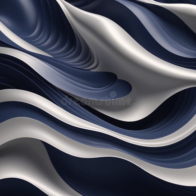 Midnight Blue Curved Wave Patterns 3D Render in Silver Edge Abstract ...