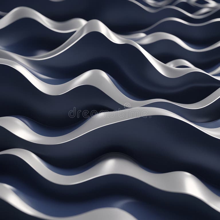 Midnight Blue Curved Wave Patterns 3D Render in Silver Edge Abstract ...